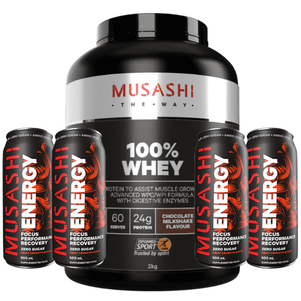 Musashi 100% Whey 2kg + 4 FREE Musashi Energy Cans | Vitamins NZ ...